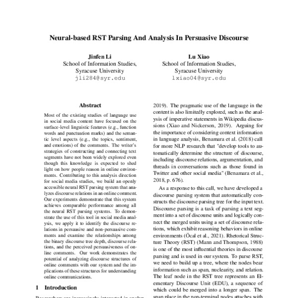 Neural-based RST Parsing And Analysis In Persuasive Discourse - ACL Anthology