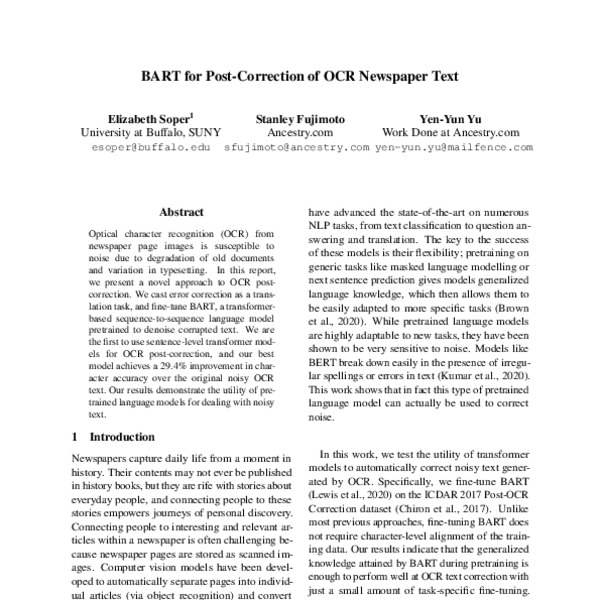BART for Post-Correction of OCR Newspaper Text - ACL Anthology