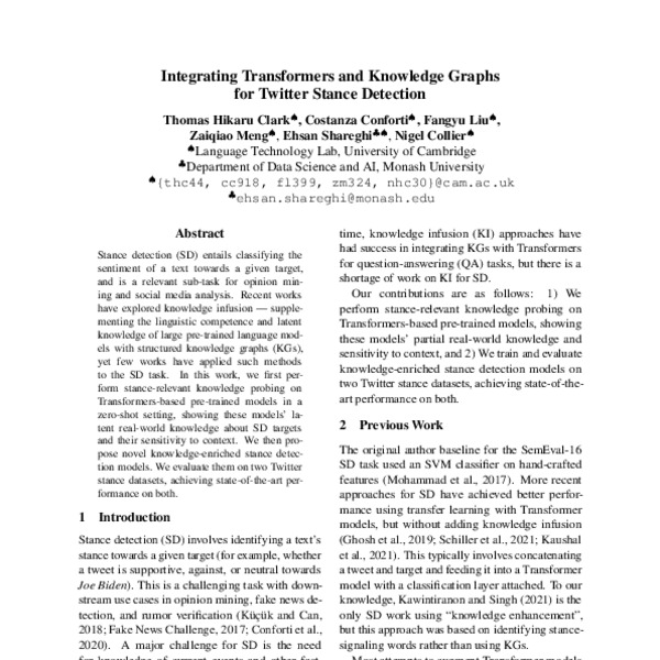 Integrating Transformers And Knowledge Graphs For Twitter Stance Detection Acl Anthology