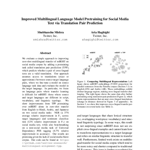 Improved Multilingual Language Model Pretraining for Social Media Text via Translation Pair ...