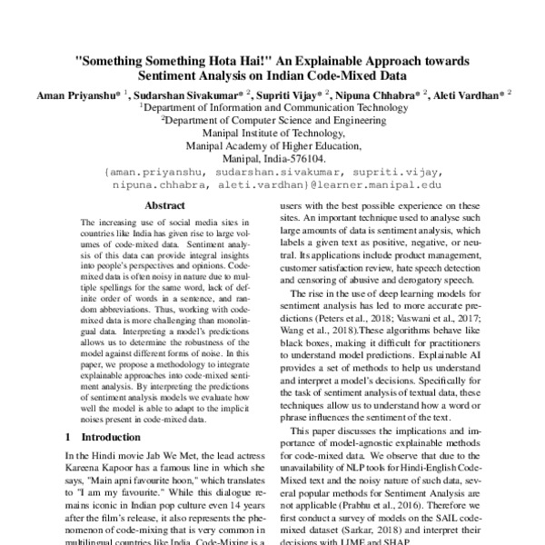 “Something Something Hota Hai!” An Explainable Approach towards Sentiment Analysis on Indian ...