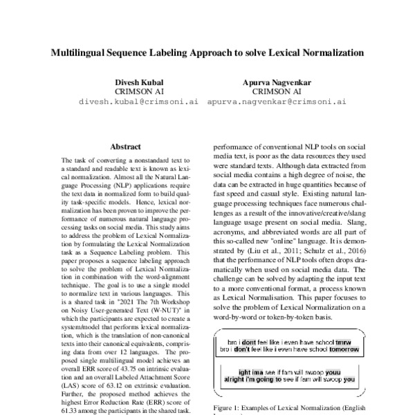 Multilingual Sequence Labeling Approach to solve Lexical Normalization - ACL Anthology