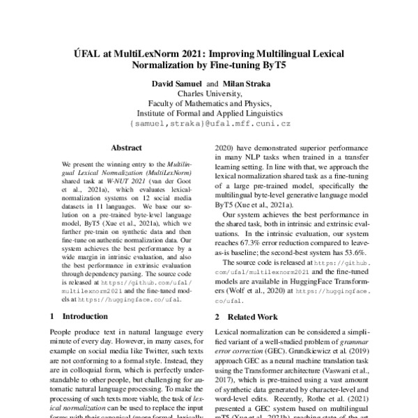ÚFAL at MultiLexNorm 2021: Improving Multilingual Lexical Normalization by Fine-tuning ByT5 ...