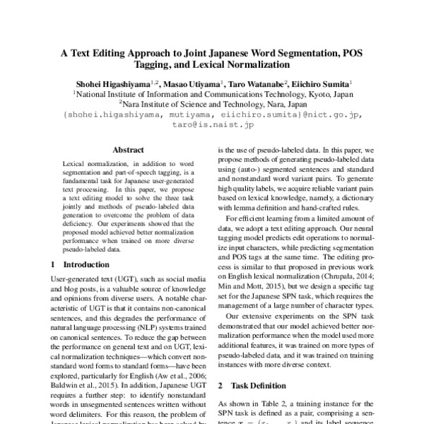A Text Editing Approach to Joint Japanese Word Segmentation, POS ...
