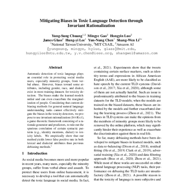 Mitigating Biases in Toxic Language Detection through Invariant Rationalization - ACL Anthology