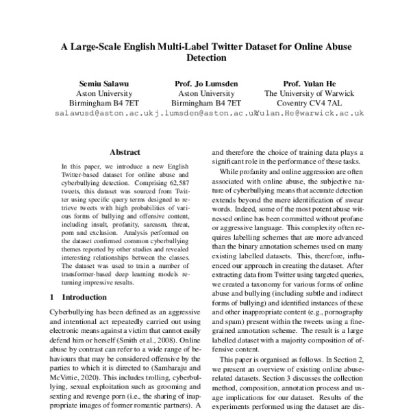 A Large-Scale English Multi-Label Twitter Dataset for Cyberbullying and ...
