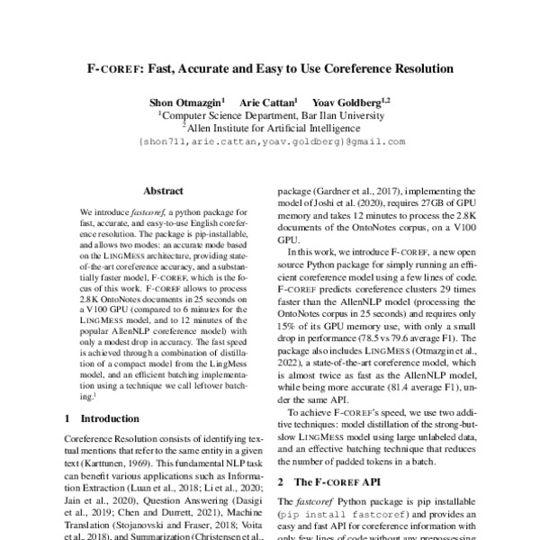 F-coref: Fast, Accurate and Easy to Use Coreference Resolution - ACL Anthology