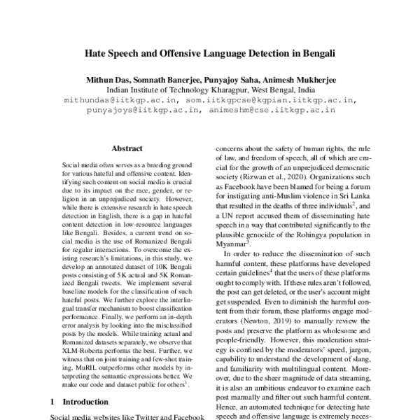 Hate Speech And Offensive Language Detection In Bengali Acl Anthology