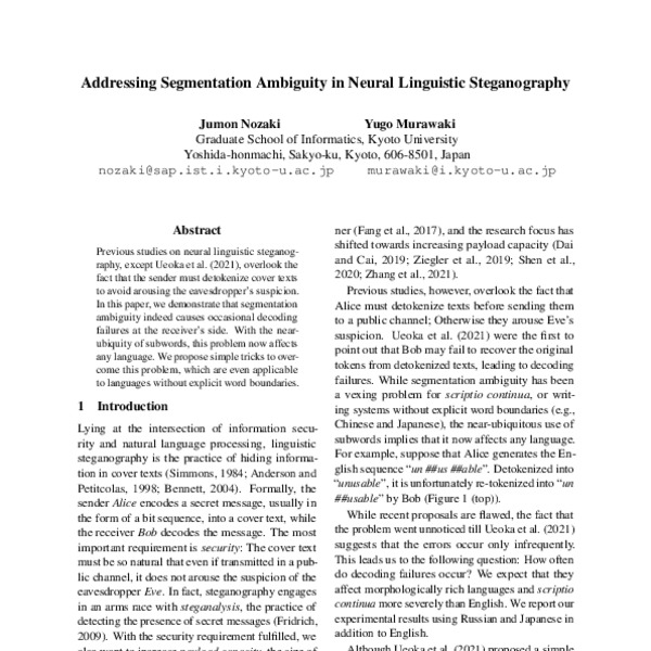 Addressing Segmentation Ambiguity in Neural Linguistic Steganography ...