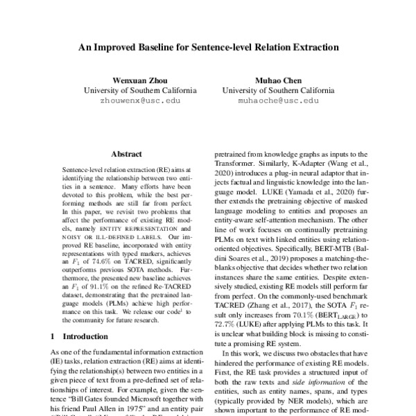 An Improved Baseline for Sentence-level Relation Extraction - ACL Anthology