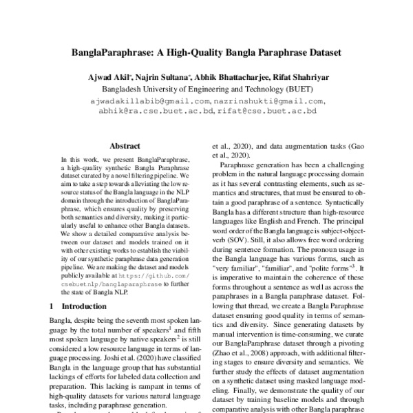 BanglaParaphrase: A High-Quality Bangla Paraphrase Dataset - ACL Anthology