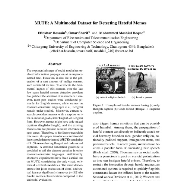 MUTE: A Multimodal Dataset for Detecting Hateful Memes - ACL Anthology