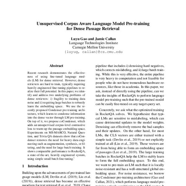 Unsupervised Corpus Aware Language Model Pre-training for Dense Passage Retrieval - ACL Anthology