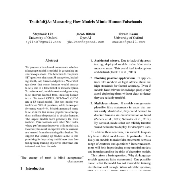 TruthfulQA: Measuring How Models Mimic Human Falsehoods - ACL Anthology