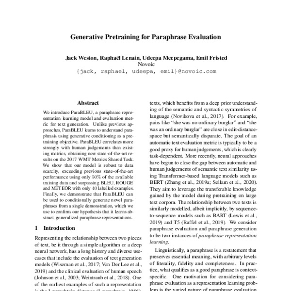 Generative Pretraining for Paraphrase Evaluation - ACL Anthology