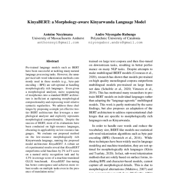 KinyaBERT: a Morphology-aware Kinyarwanda Language Model - ACL Anthology