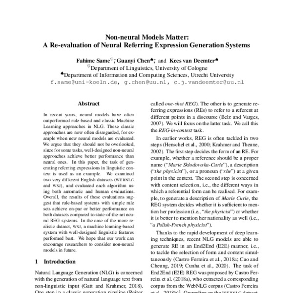 Non Neural Models Matter A Re Evaluation Of Neural Referring Expression Generation Systems