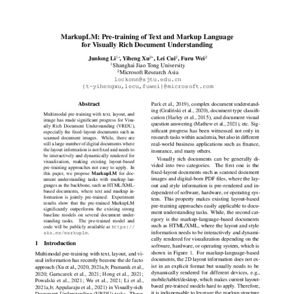 Markuplm Pre Training Of Text And Markup Language For Visually Rich