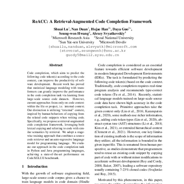 ReACC: A Retrieval-Augmented Code Completion Framework - ACL Anthology