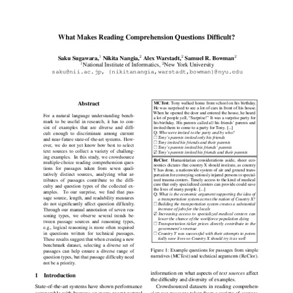 What Makes Reading Comprehension Questions Difficult? - ACL Anthology