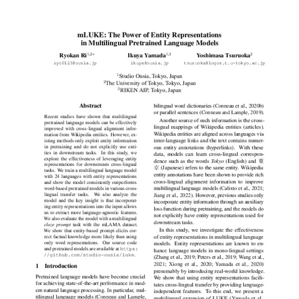 mLUKE: The Power of Entity Representations in Multilingual Pretrained ...