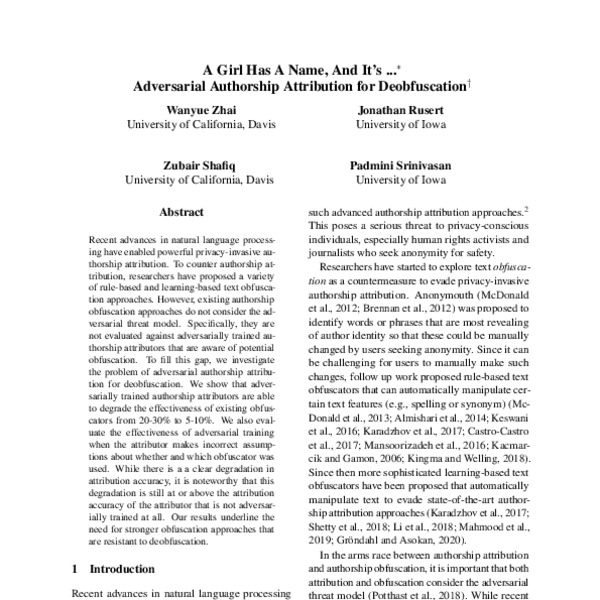 Adversarial Authorship Attribution for Deobfuscation - ACL Anthology