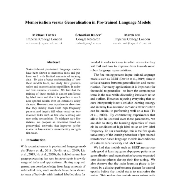 Memorisation Versus Generalisation In Pre Trained Language Models Acl