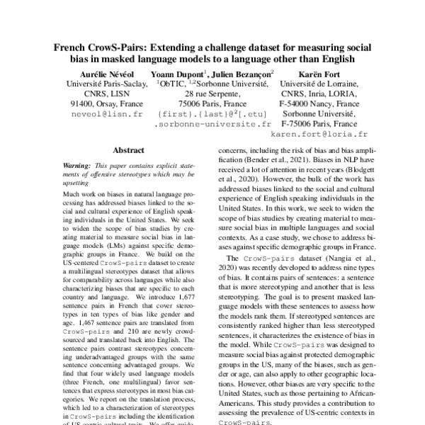 French CrowS-Pairs: Extending a challenge dataset for measuring social ...