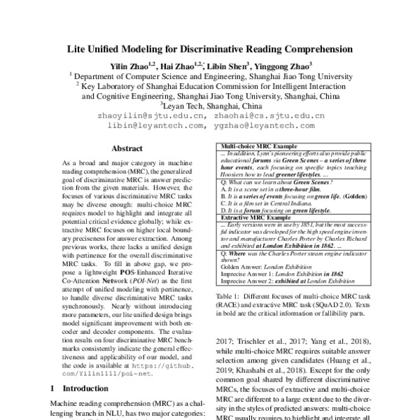 Lite Unified Modeling for Discriminative Reading Comprehension - ACL Anthology