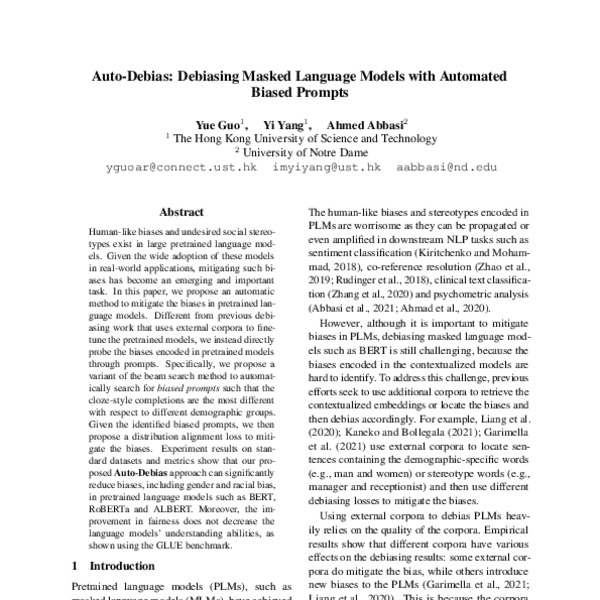Auto-Debias: Debiasing Masked Language Models with Automated Biased Prompts - ACL Anthology