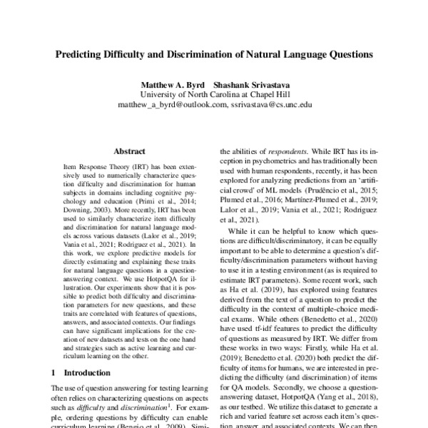 Predicting Difficulty And Discrimination Of Natural Language Questions Acl Anthology