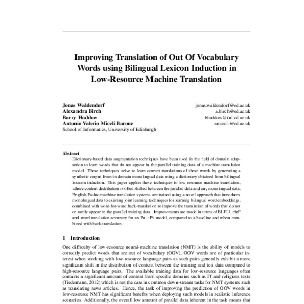 Improving Translation of Out Of Vocabulary Words using Bilingual Lexicon Induction in Low ...