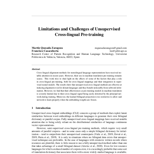 Limitations and Challenges of Unsupervised Cross-lingual Pre-training - ACL Anthology