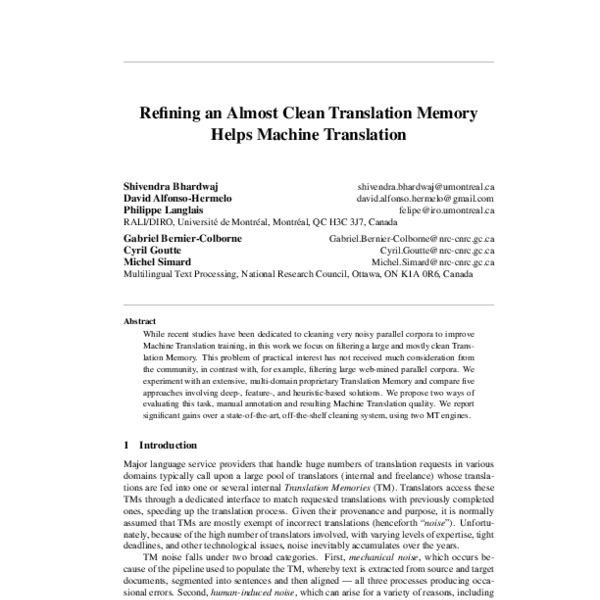 Refining an Almost Clean Translation Memory Helps Machine Translation ...