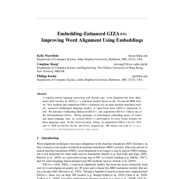 Embedding-Enhanced GIZA++: Improving Low-Resource Word Alignment Using Embeddings - ACL Anthology