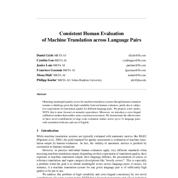 Consistent Human Evaluation of Machine Translation across Language Pairs - ACL Anthology