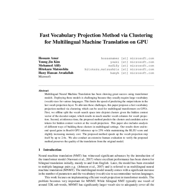 Fast Vocabulary Projection Method via Clustering for Multilingual Machine Translation on GPU ...