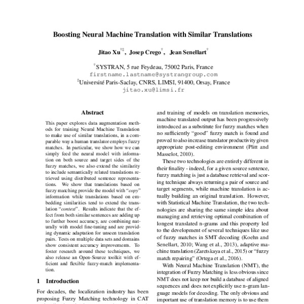 Boosting Neural Machine Translation with Similar Translations - ACL Anthology