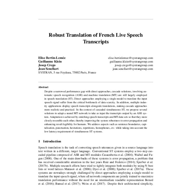 Robust Translation of French Live Speech Transcripts - ACL Anthology