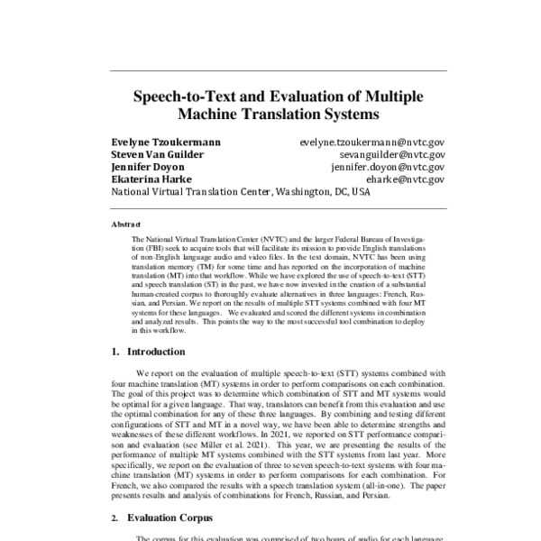 Speech-to-Text and Evaluation of Multiple Machine Translation Systems ...