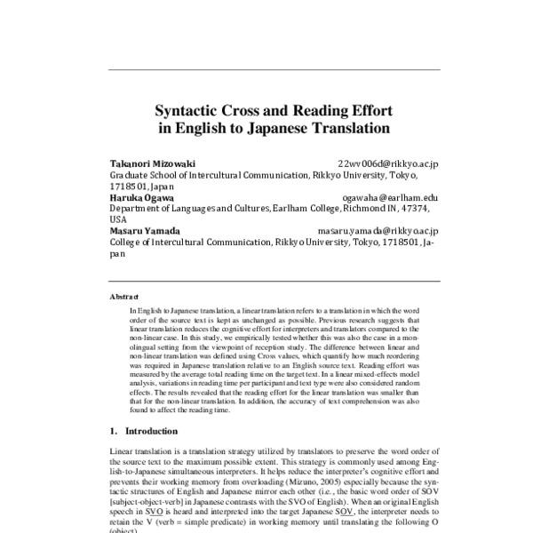 Syntactic Cross and Reading Effort in English to Japanese Translation - ACL Anthology