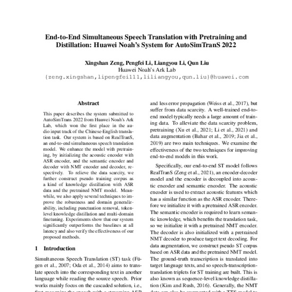 End-to-End Simultaneous Speech Translation with Pretraining and Distillation: Huawei Noah’s ...