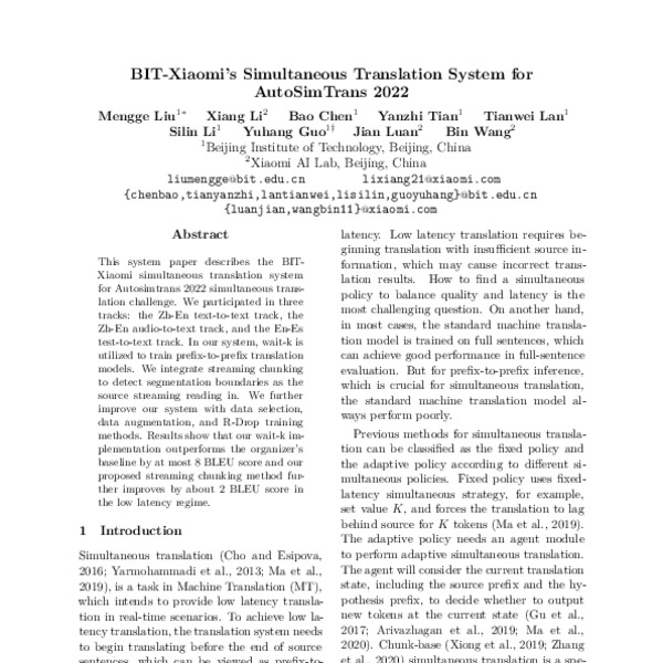 BIT-Xiaomi’s System for AutoSimTrans 2022 - ACL Anthology