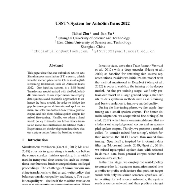 USST’s System for AutoSimTrans 2022 - ACL Anthology