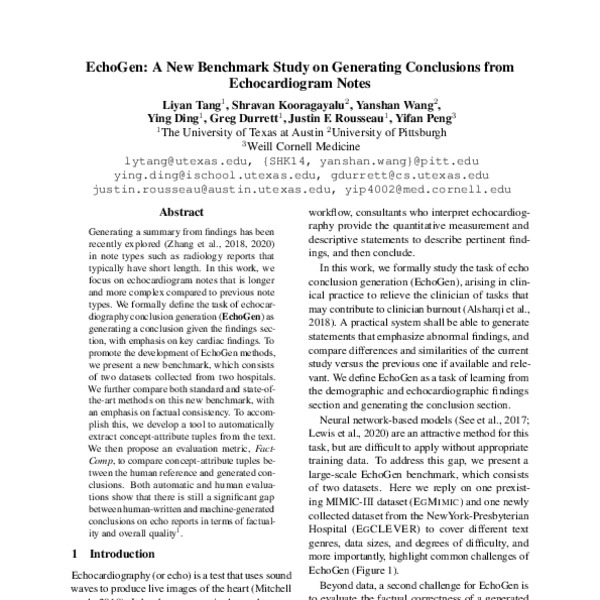 EchoGen: Generating Conclusions from Echocardiogram Notes - ACL Anthology
