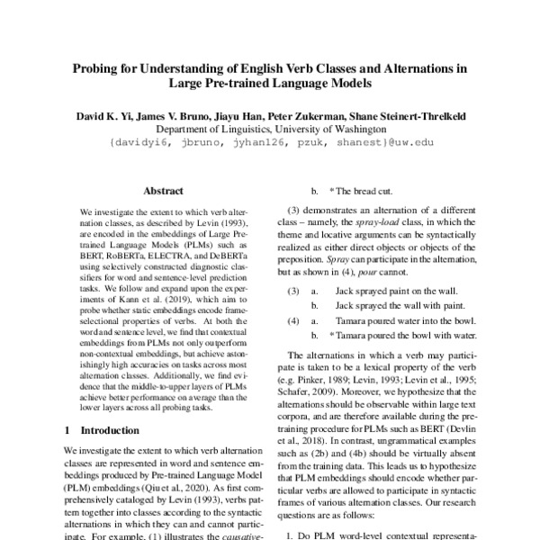 Probing for Understanding of English Verb Classes and Alternations in Large Pre-trained Language ...