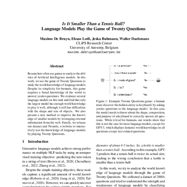 Is It Smaller Than a Tennis Ball? Language Models Play the Game of ...