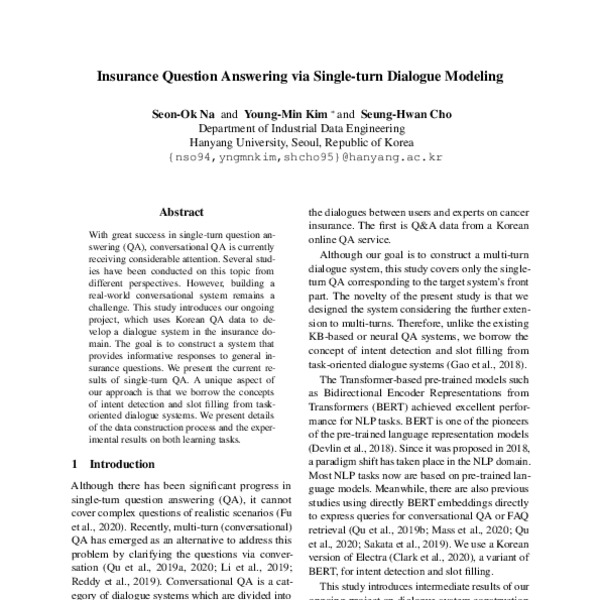 Insurance Question Answering via Single-turn Dialogue Modeling - ACL ...