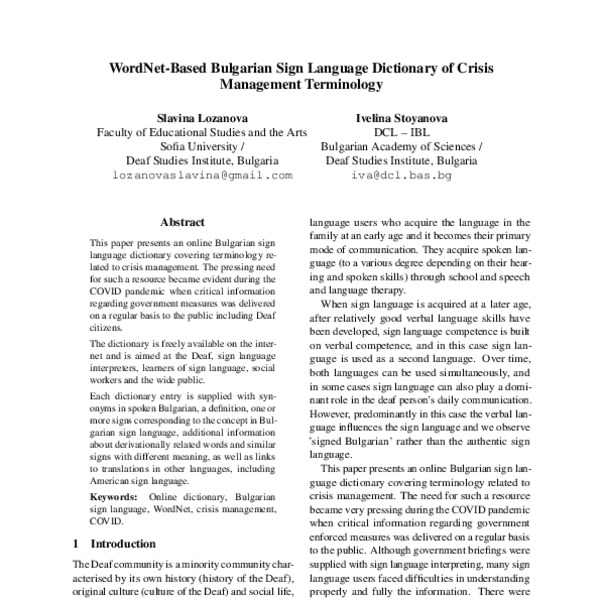 WordNet-Based Bulgarian Sign Language Dictionary of Crisis Management ...