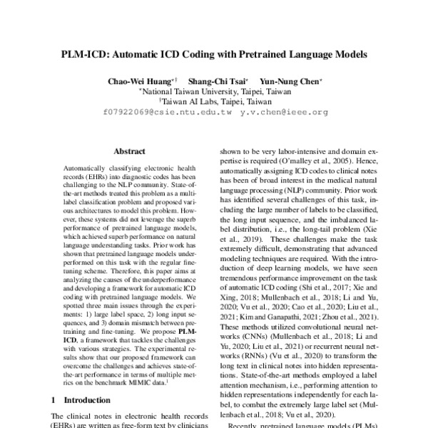 PLM-ICD: Automatic ICD Coding with Pretrained Language Models - ACL Anthology